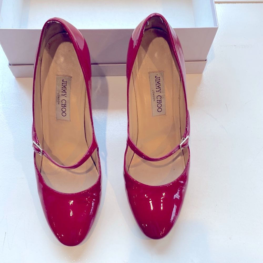 Jimmy Choo Red Patent Leather Mary Jane Style Pumps - Gem
